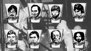 8 set of serial killer shot glasses bundy kemper ramirez gein fish berkowitz manson dahmer