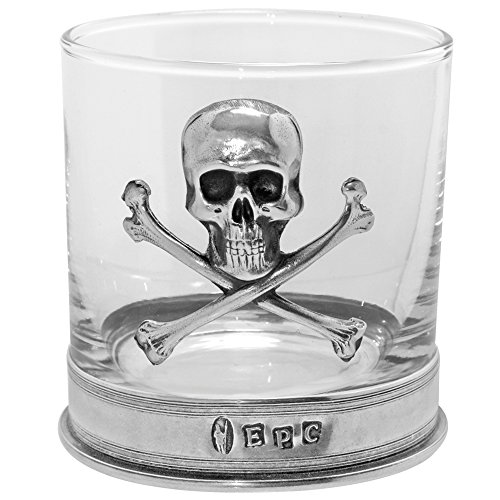 English Pewter Company 11 Ounce Old Fashioned Whisky Rum Rocks Glass With Stunning Pewter Skull and Cross Bones [TUM07]