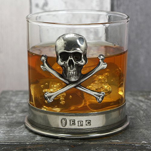 English Pewter Company 11 Ounce Old Fashioned Whisky Rum Rocks Glass With Stunning Pewter Skull and Cross Bones [TUM07]