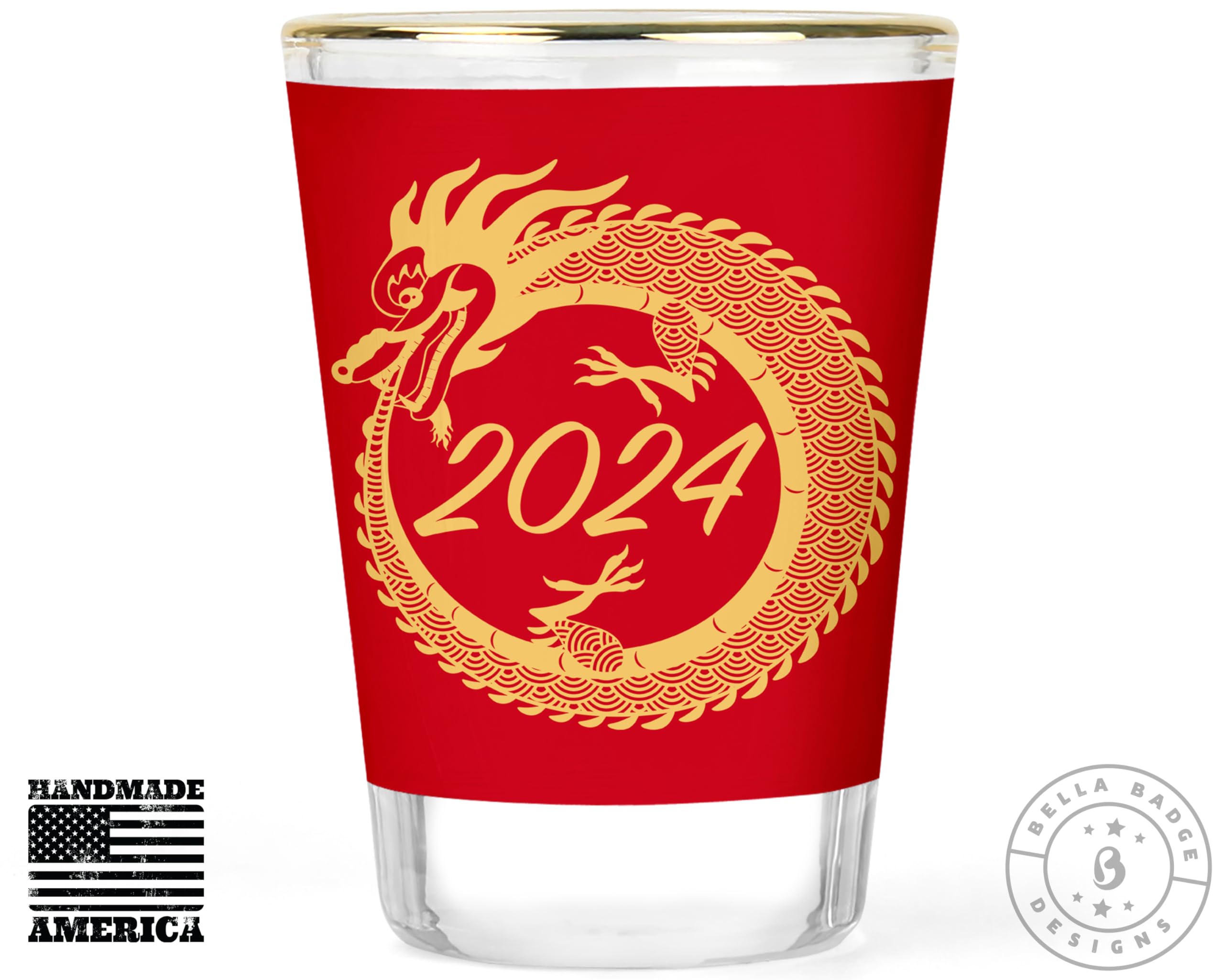 Year of the Dragon 2024 - Chinese New Year shot glass - Lunar New Year 2024 gift - Year of the Dragon Red and Gold Happy New Year 2024 Chinese Zodiac - CNY 2024