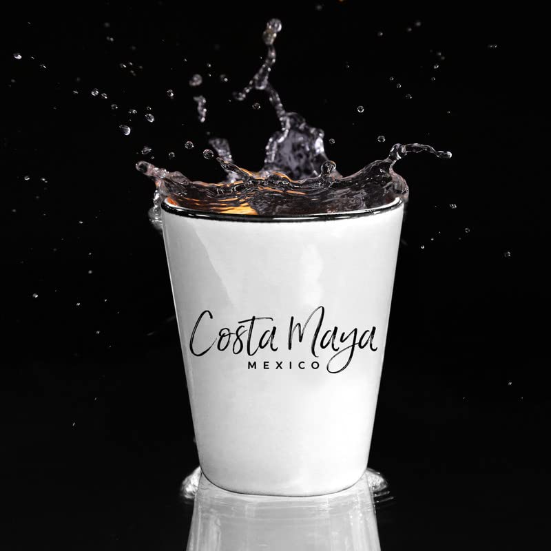 Costa Maya Mexico Ceramic 1.5 Ounce Souvenir Shot Glass - White With Black Interior - Bachelor & Bachelorette Party Favors - Bridesmaid & Groomsmen Present - Mexico Home Town Decoration