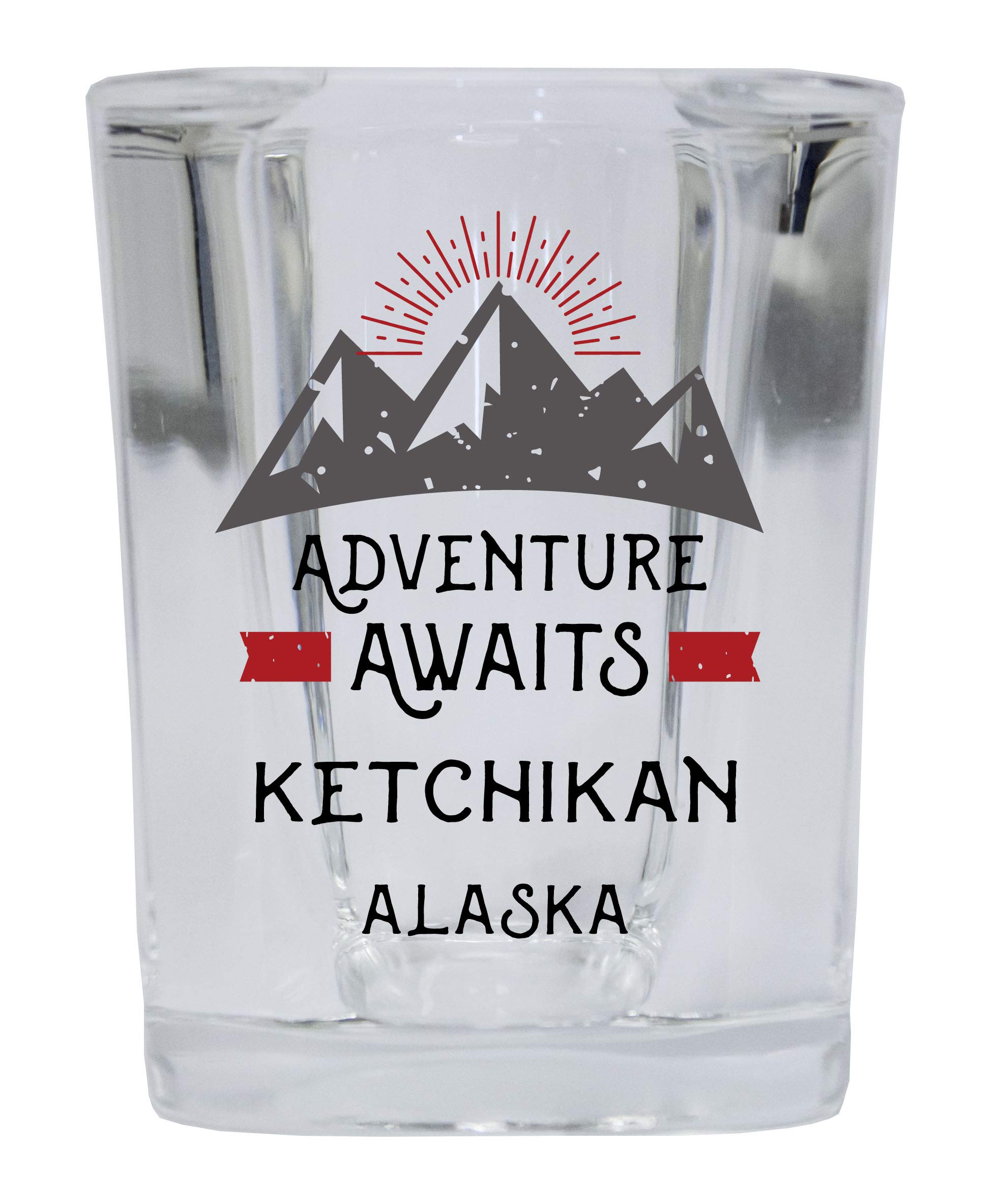 R and R Imports Ketchikan Alaska Souvenir 2 Ounce Square Base Liquor Shot Glass Adventure Awaits Design