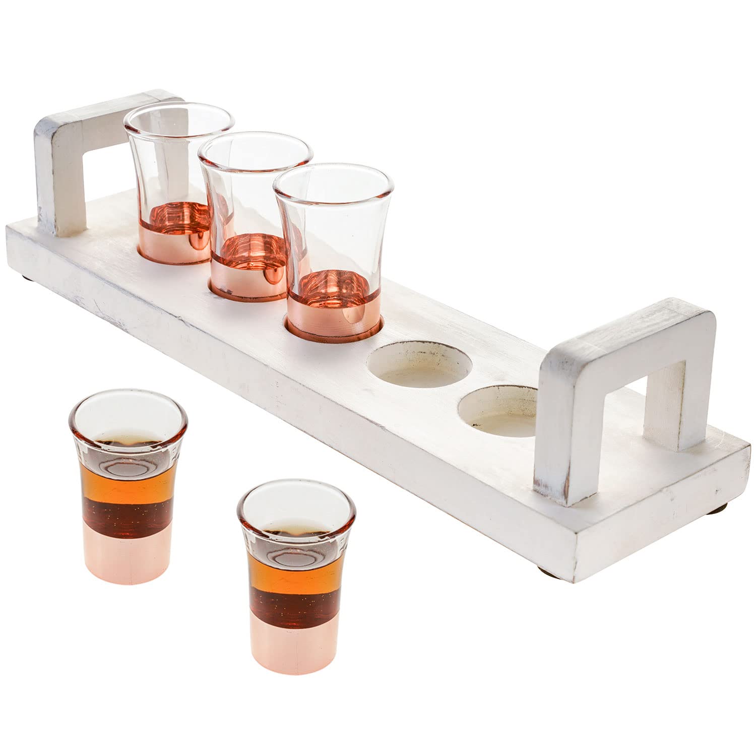 MyGift 2.5 oz Copper-Tone Base Shot Glasses Tasting Board Set - Includes Vintage White Wood Serving Tray and 5 Shot Glasses