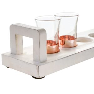 MyGift 2.5 oz Copper-Tone Base Shot Glasses Tasting Board Set - Includes Vintage White Wood Serving Tray and 5 Shot Glasses