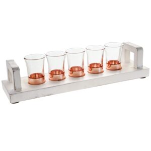 MyGift 2.5 oz Copper-Tone Base Shot Glasses Tasting Board Set - Includes Vintage White Wood Serving Tray and 5 Shot Glasses