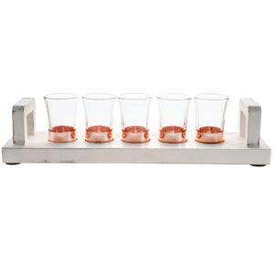 MyGift 2.5 oz Copper-Tone Base Shot Glasses Tasting Board Set - Includes Vintage White Wood Serving Tray and 5 Shot Glasses