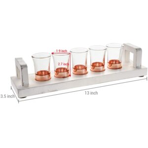 MyGift 2.5 oz Copper-Tone Base Shot Glasses Tasting Board Set - Includes Vintage White Wood Serving Tray and 5 Shot Glasses