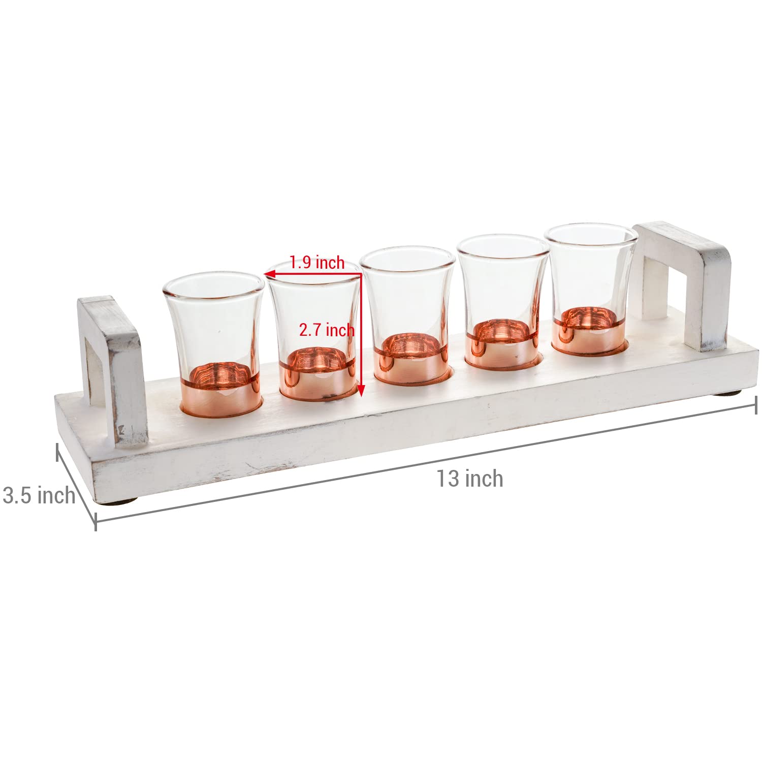 MyGift 2.5 oz Copper-Tone Base Shot Glasses Tasting Board Set - Includes Vintage White Wood Serving Tray and 5 Shot Glasses