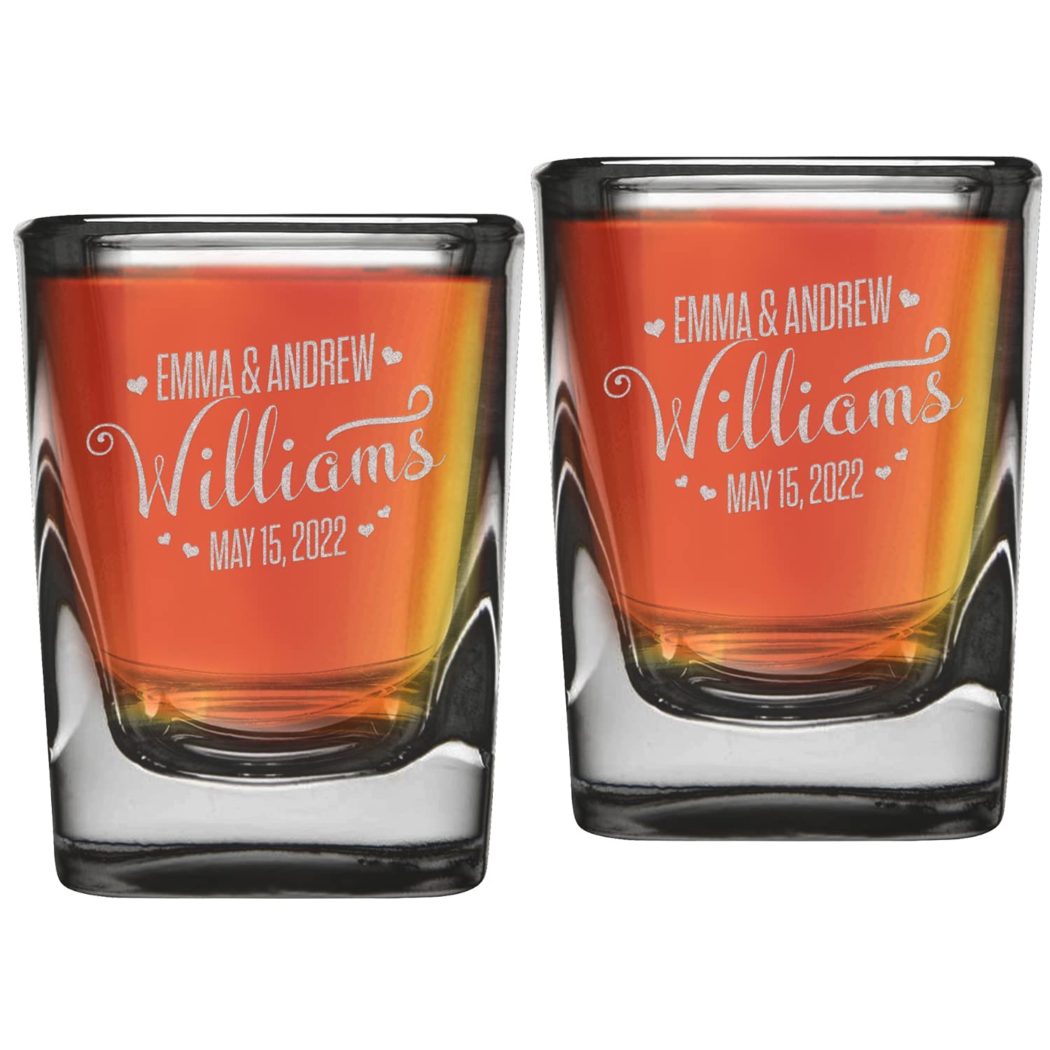 (Set of 2) Personalized Wedding Engraved Square Heavy Base Prism Shot Glass 2 oz. with Gift Box, Custom Names and Date, Gifts for Bride and Groom (Last Name)