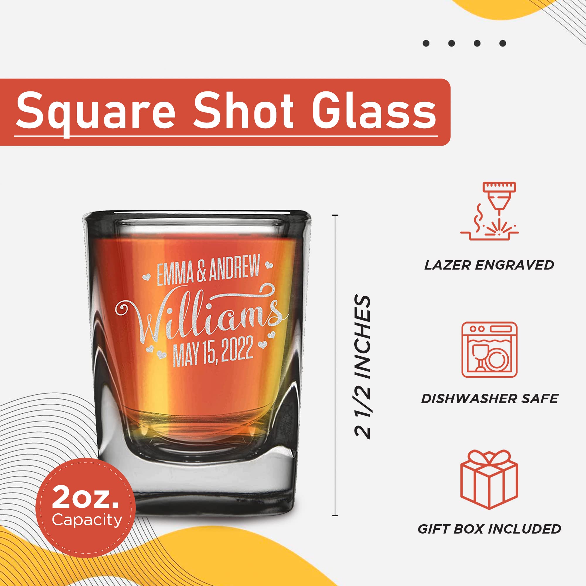 (Set of 2) Personalized Wedding Engraved Square Heavy Base Prism Shot Glass 2 oz. with Gift Box, Custom Names and Date, Gifts for Bride and Groom (Last Name)