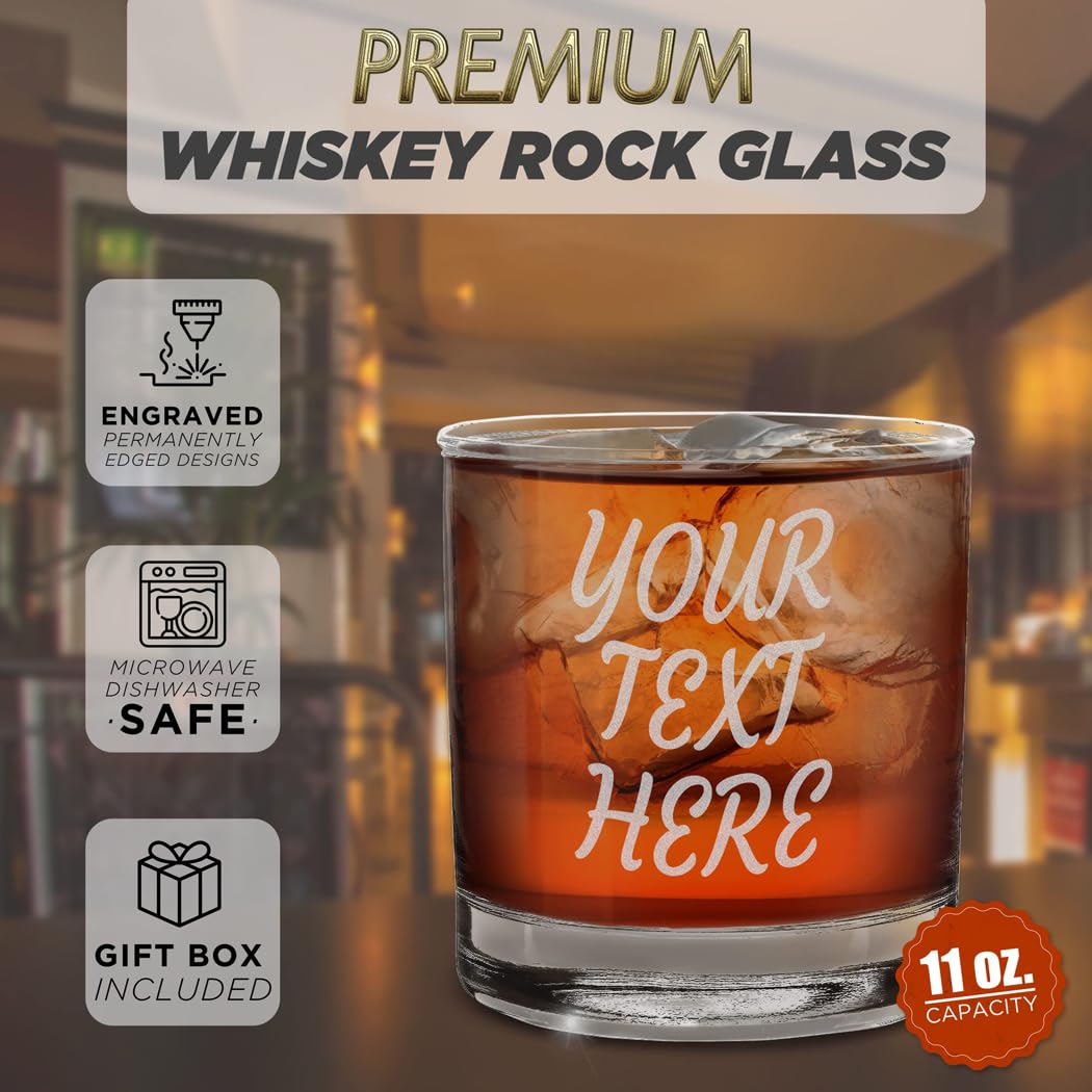 Personalized Your Text Here Engraved Bourbon Whiskey Glass 11 oz, Custom Drinking Rocks Glasses Gift for Him, Her