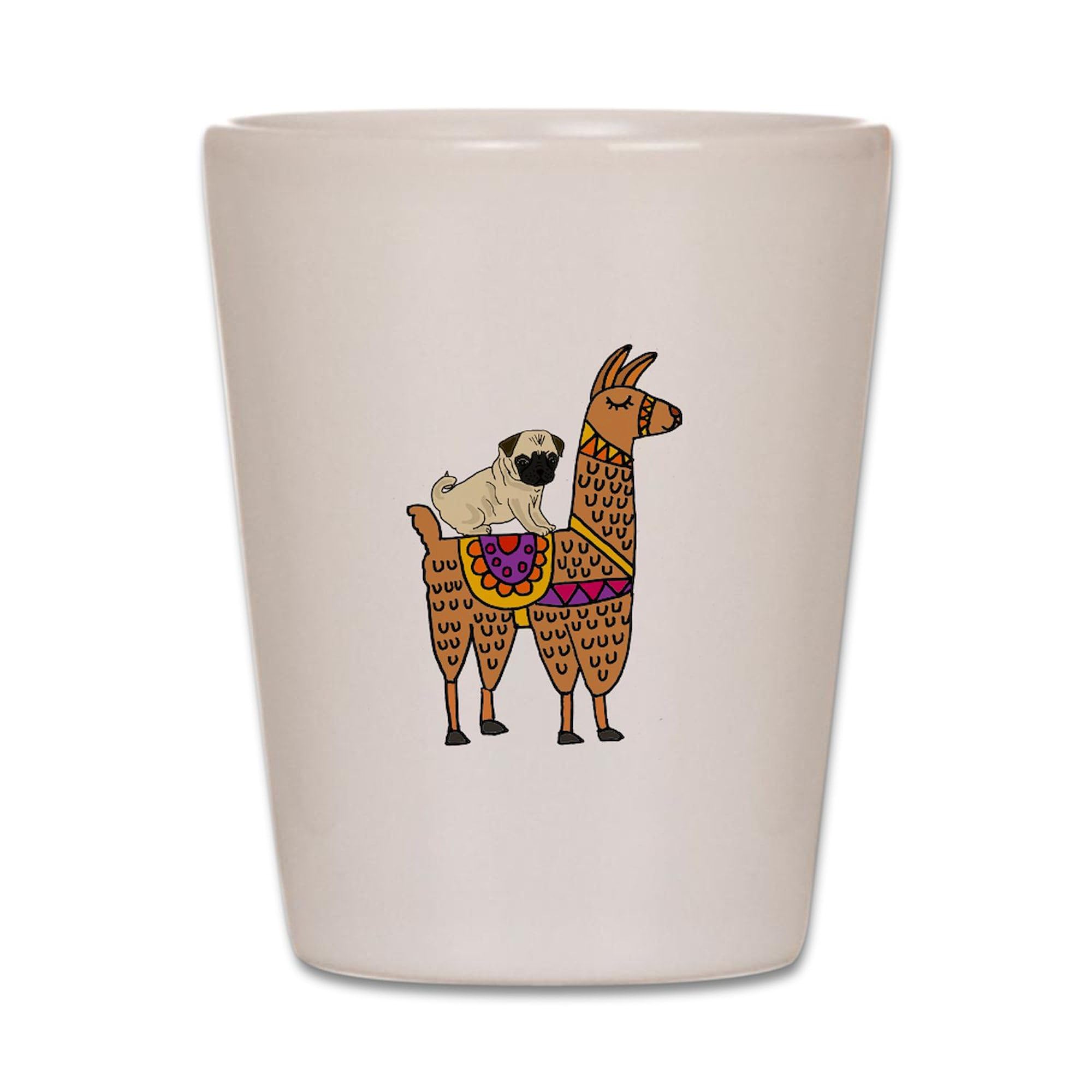 CafePress Pug Dog Riding Llama Unique and Funny Shot Glass