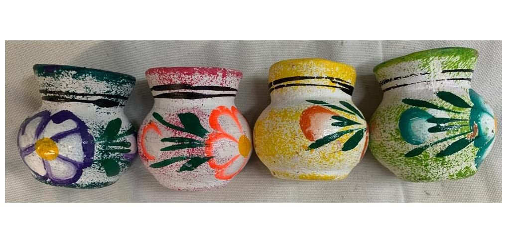 Made In Mexico Hand Painted Pottery Barro Clay Tequila Shots Glasses Set of 4 Assorted - Vaso Tequilero Round