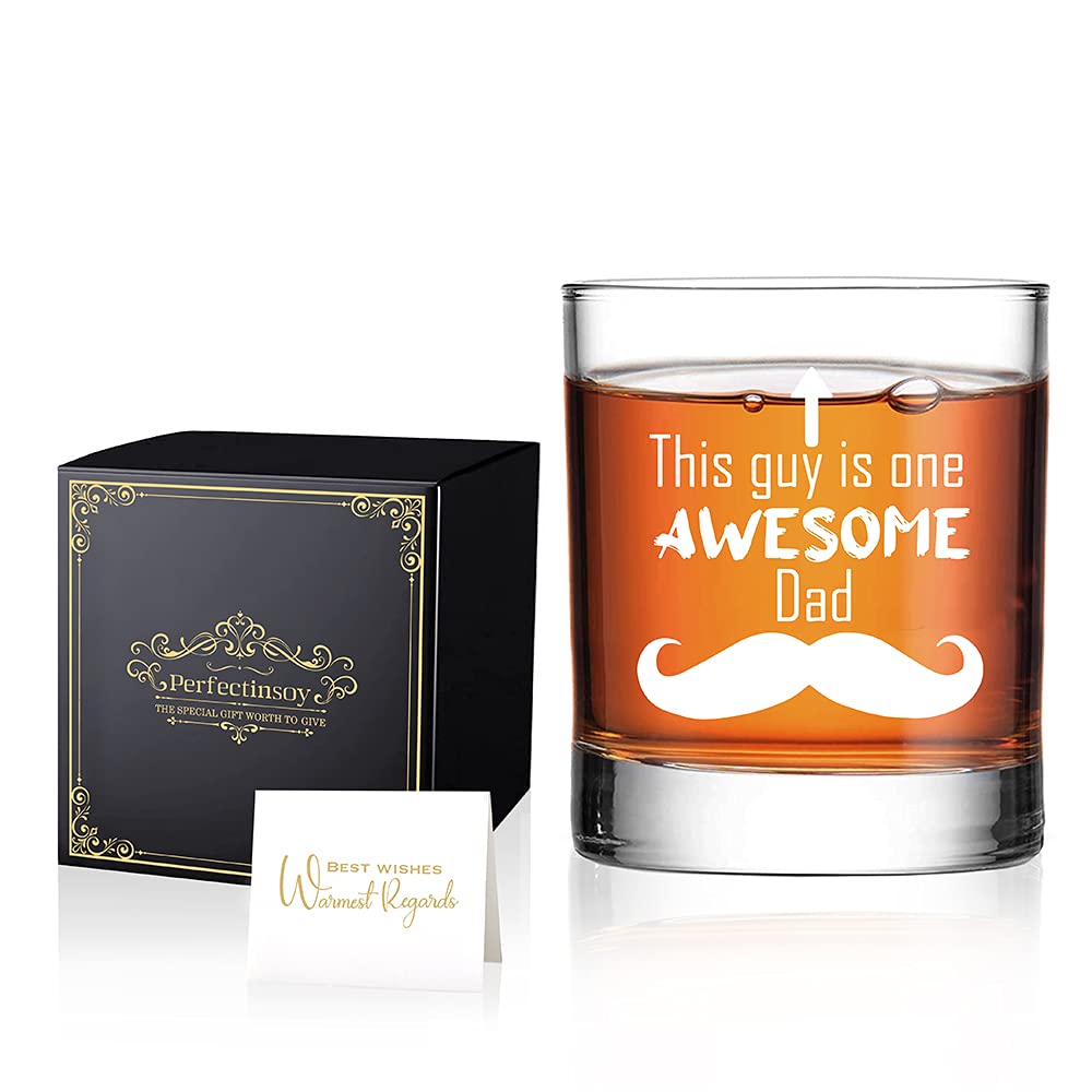 Perfectinsoy This Guy Is One Awesome Dad Whiskey Glass with Gift Box, Funny Birthday Gifts for Papas, Grandad, Grandfather and Stepfathers, Best Father Ever Gifts, Dad’s Birthday Gifts