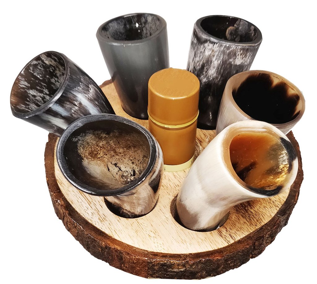 SIXTH SENSE Buffalo Horn Shot Glass Rack -Set of 6 Authentic 2 oz. Horn Shot Glasses with Premium Wooden Rack to hold Glass on Bottal Neck(No bottal included)