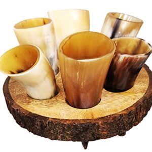 SIXTH SENSE Buffalo Horn Shot Glass Rack -Set of 6 Authentic 2 oz. Horn Shot Glasses with Premium Wooden Rack to hold Glass on Bottal Neck(No bottal included)