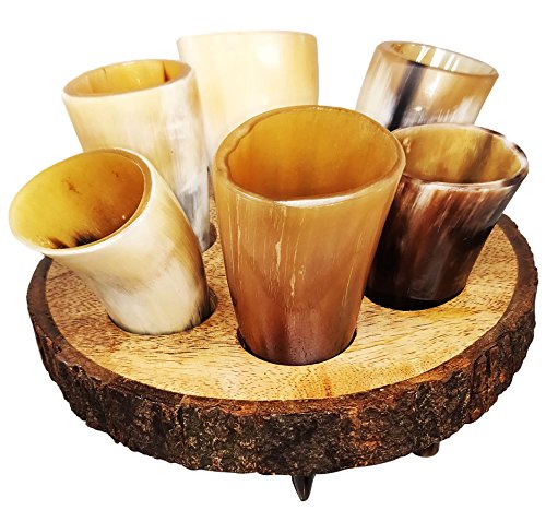 SIXTH SENSE Buffalo Horn Shot Glass Rack -Set of 6 Authentic 2 oz. Horn Shot Glasses with Premium Wooden Rack to hold Glass on Bottal Neck(No bottal included)