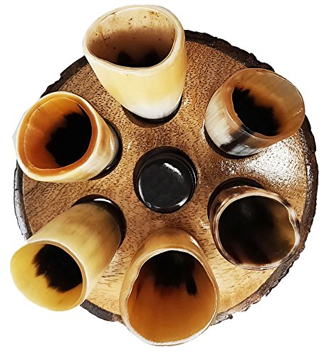 SIXTH SENSE Buffalo Horn Shot Glass Rack -Set of 6 Authentic 2 oz. Horn Shot Glasses with Premium Wooden Rack to hold Glass on Bottal Neck(No bottal included)