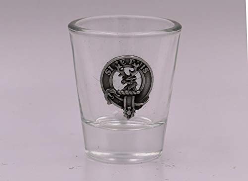 Clan Crest Shot Glass Colquhoun, 1.5 ounce Whiskey shot glass with 3/4 inch pewter clan crest