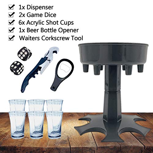 6 Shot Glass Alcohol Dispenser and Holder | Gray | Includes 6 Compatible Acrylic Shot Cups, Opener Tools, and Game Dice | Great for Parties, Bars, and Hosting | Multiple Wine Dispenser