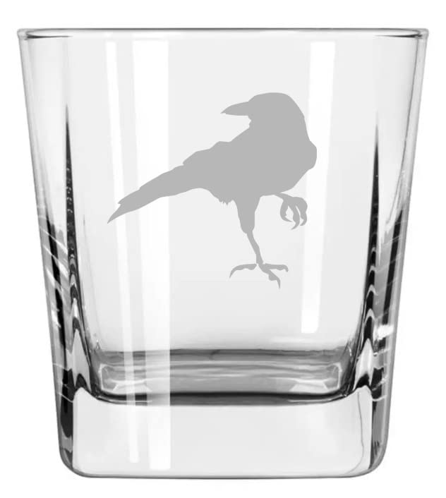 MIP Brand 12 oz Square Base Rocks Whiskey Double Old Fashioned Glass Crow Raven Blackbird