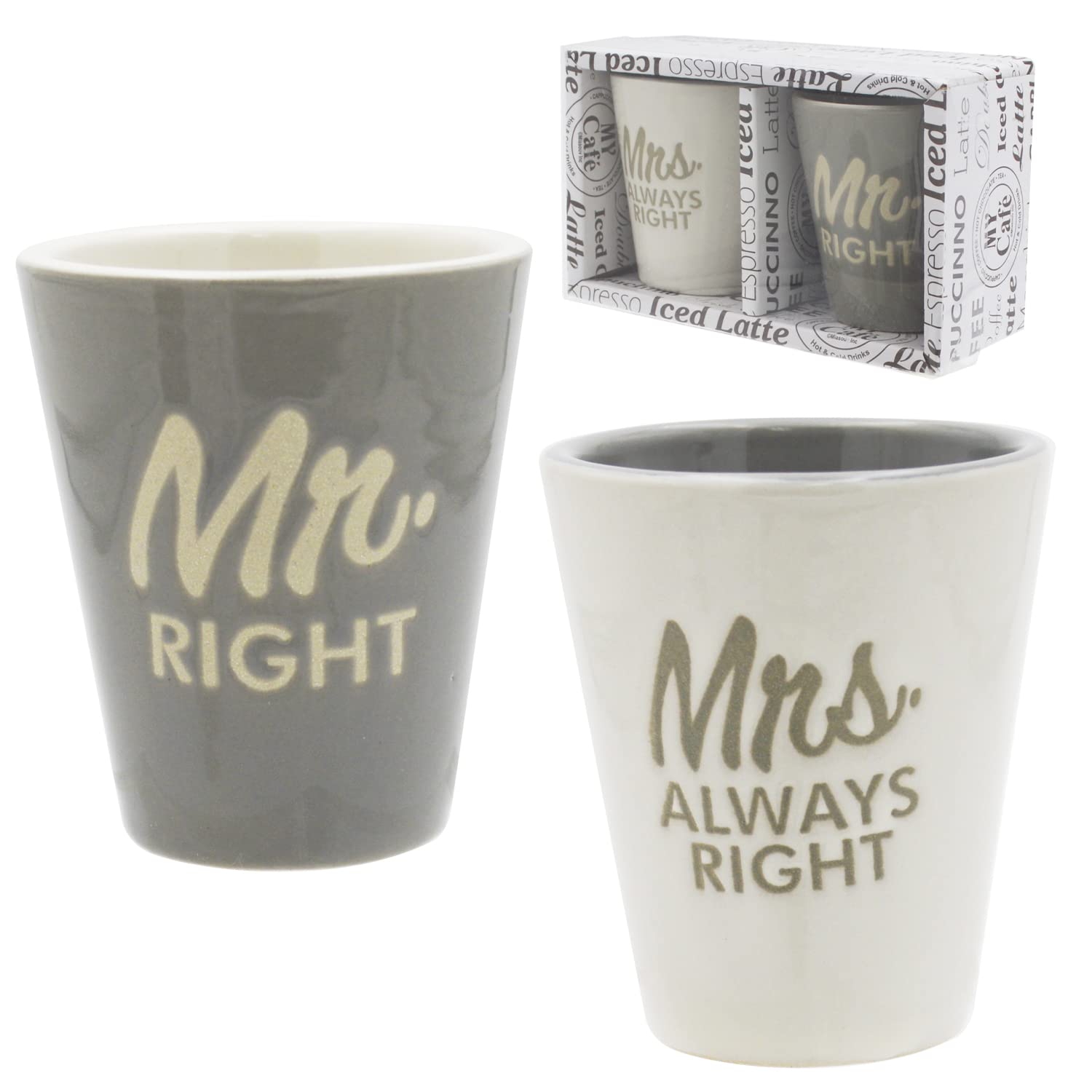 Rockin Mr Right and Mrs Always Right Shot Glass Set of 2 Beautifully Gift Boxed a Great Fun Marriage Wedding Anniversary Engagement Couples Gift Set