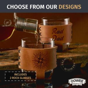 Oowee Genuine Leather Sleeve & Rocks Glasses - Set of 2 | 9.6 oz Whiskey Glasses & Old Fashioned Glasses | Great Gift for Men - Sleeve Made in the USA - Compass