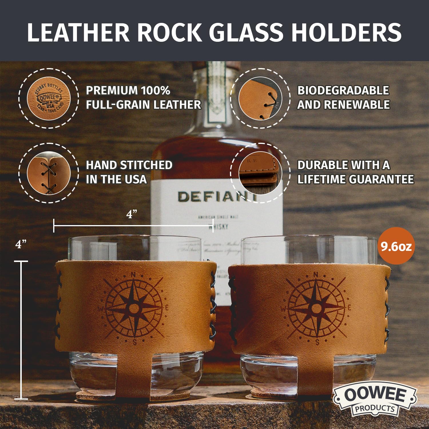 Oowee Genuine Leather Sleeve & Rocks Glasses - Set of 2 | 9.6 oz Whiskey Glasses & Old Fashioned Glasses | Great Gift for Men - Sleeve Made in the USA - Compass