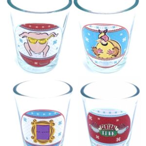 Friends The Television Series Set Of Four Shot Glasses! Featuring The Holiday Armadillo, The Thanksgiving Turkey, Central Perk Logo And Infamous Picture Frame! Fiends TV Show Inspired Glassware Set!