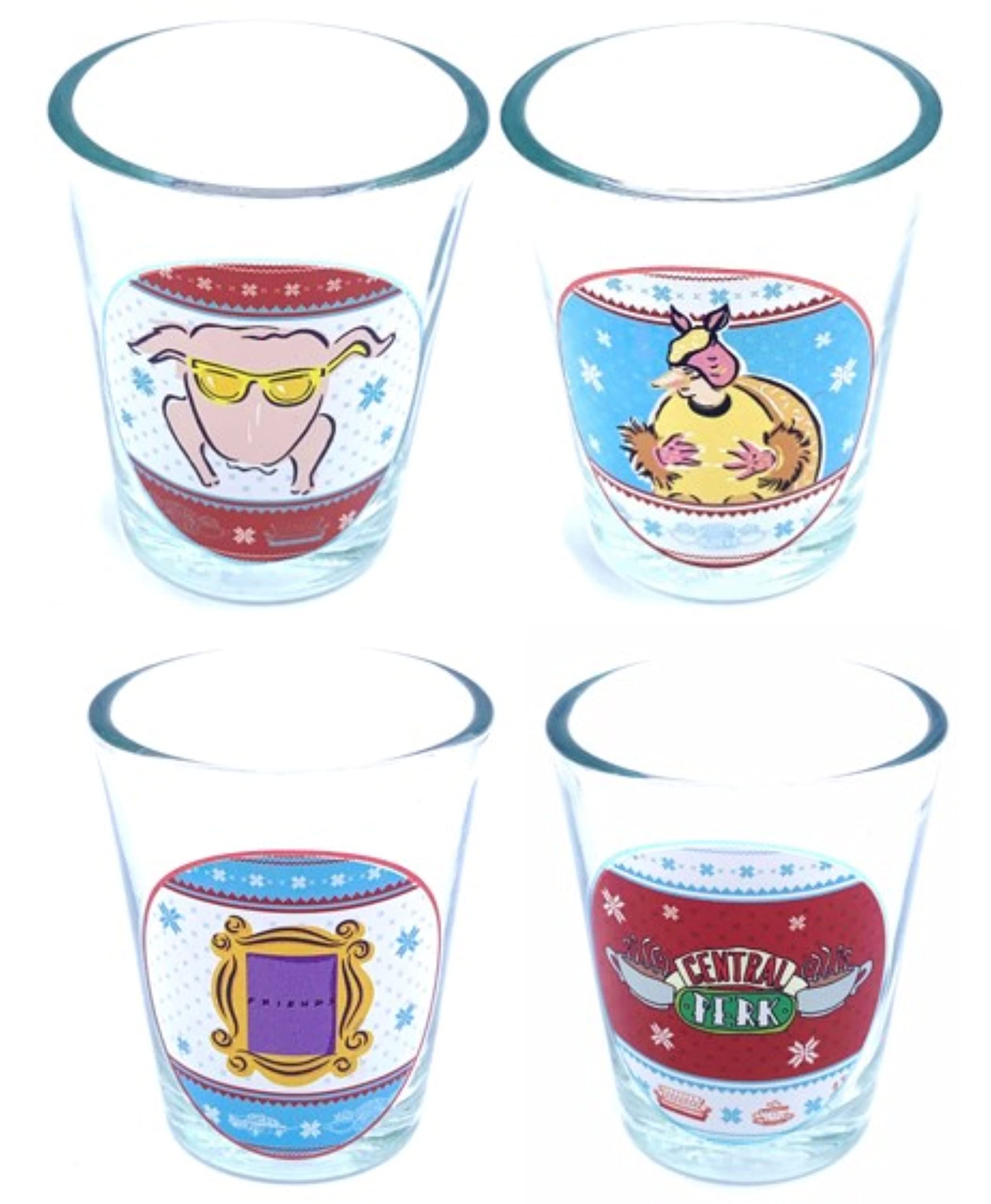 Friends The Television Series Set Of Four Shot Glasses! Featuring The Holiday Armadillo, The Thanksgiving Turkey, Central Perk Logo And Infamous Picture Frame! Fiends TV Show Inspired Glassware Set!