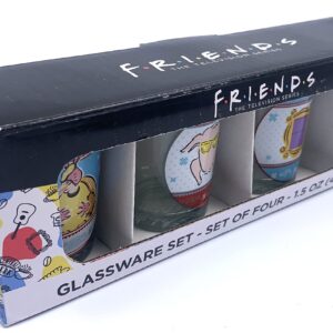 Friends The Television Series Set Of Four Shot Glasses! Featuring The Holiday Armadillo, The Thanksgiving Turkey, Central Perk Logo And Infamous Picture Frame! Fiends TV Show Inspired Glassware Set!