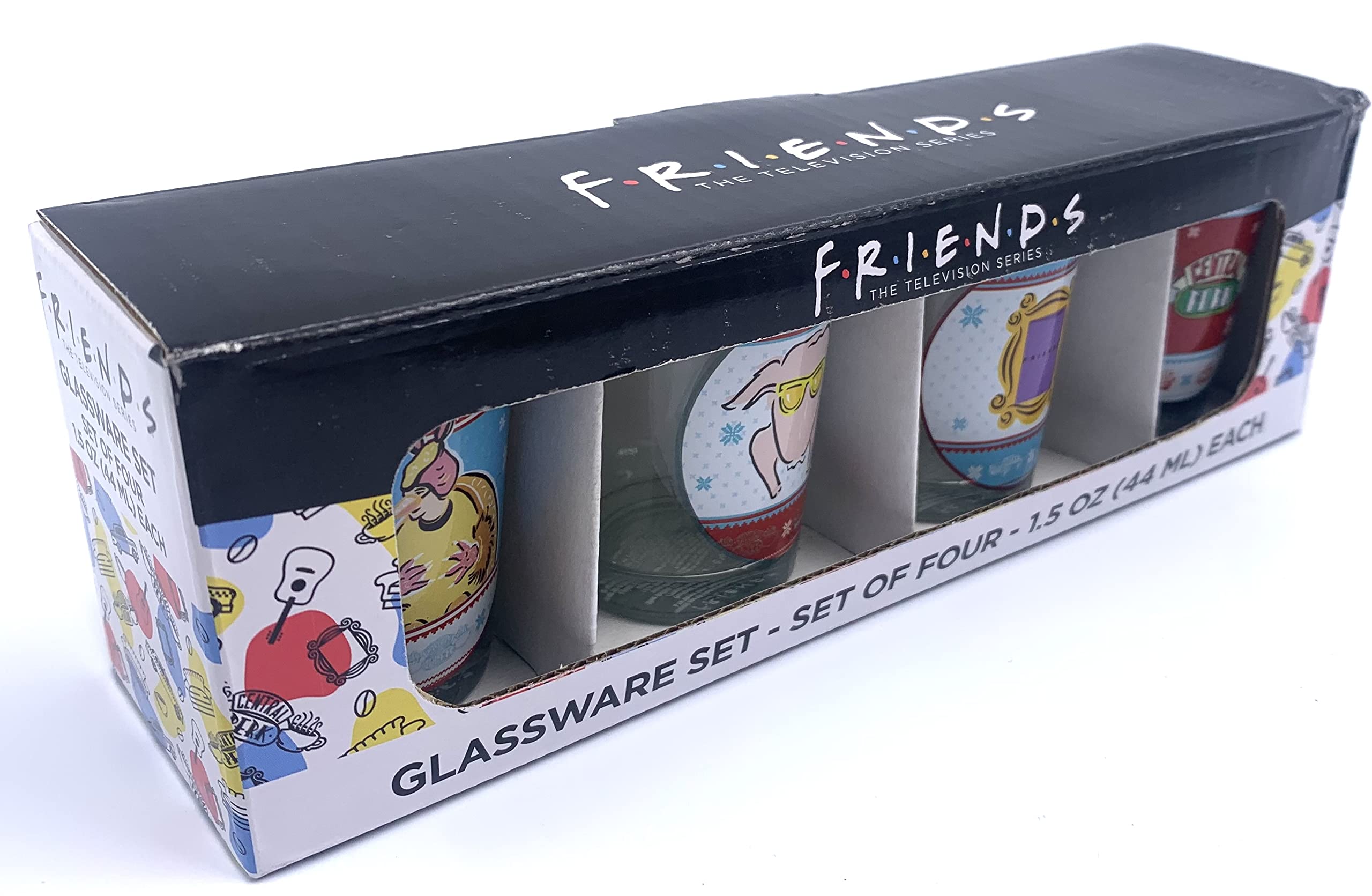 Friends The Television Series Set Of Four Shot Glasses! Featuring The Holiday Armadillo, The Thanksgiving Turkey, Central Perk Logo And Infamous Picture Frame! Fiends TV Show Inspired Glassware Set!