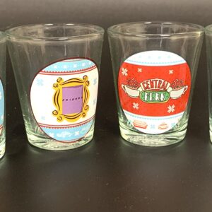 Friends The Television Series Set Of Four Shot Glasses! Featuring The Holiday Armadillo, The Thanksgiving Turkey, Central Perk Logo And Infamous Picture Frame! Fiends TV Show Inspired Glassware Set!