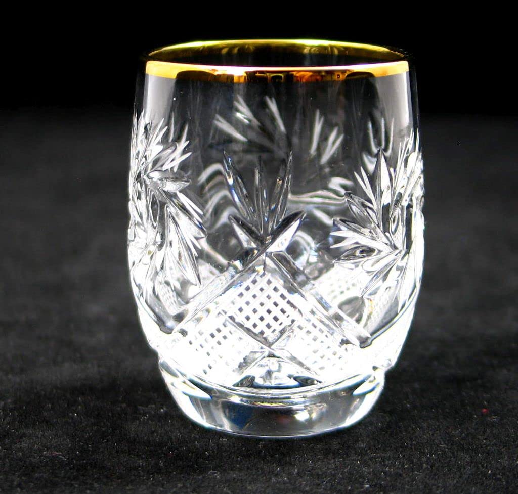 SET of 6 Russian Cut Crystal Shot Shooter Glasses 24K Gold Rimmed 1.7 Oz. Vodka Liquor Old-fashioned Glassware Hand Made