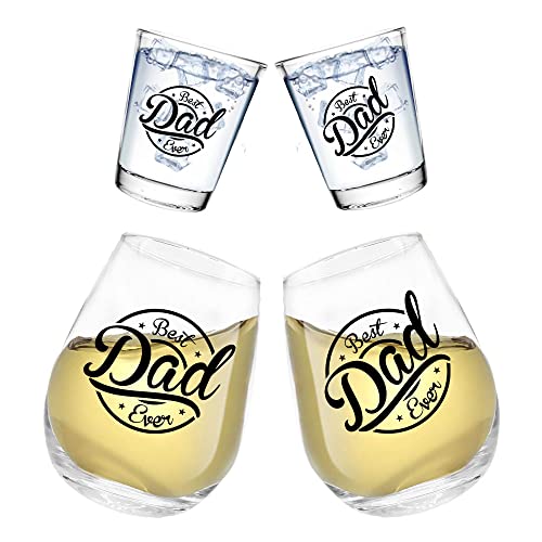 BISYATA Best Dad - Wine Glasses & Shot Glasses Gift Set - Best Dad Ever - Unique Novelty Gift for Fathers Day, Birthday. Two-11oz Wine Glasses and Two-2oz Shot Glasses - With Gift Box