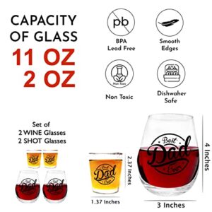 BISYATA Best Dad - Wine Glasses & Shot Glasses Gift Set - Best Dad Ever - Unique Novelty Gift for Fathers Day, Birthday. Two-11oz Wine Glasses and Two-2oz Shot Glasses - With Gift Box