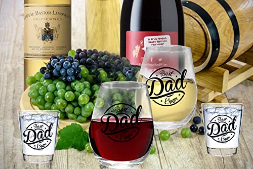 BISYATA Best Dad - Wine Glasses & Shot Glasses Gift Set - Best Dad Ever - Unique Novelty Gift for Fathers Day, Birthday. Two-11oz Wine Glasses and Two-2oz Shot Glasses - With Gift Box