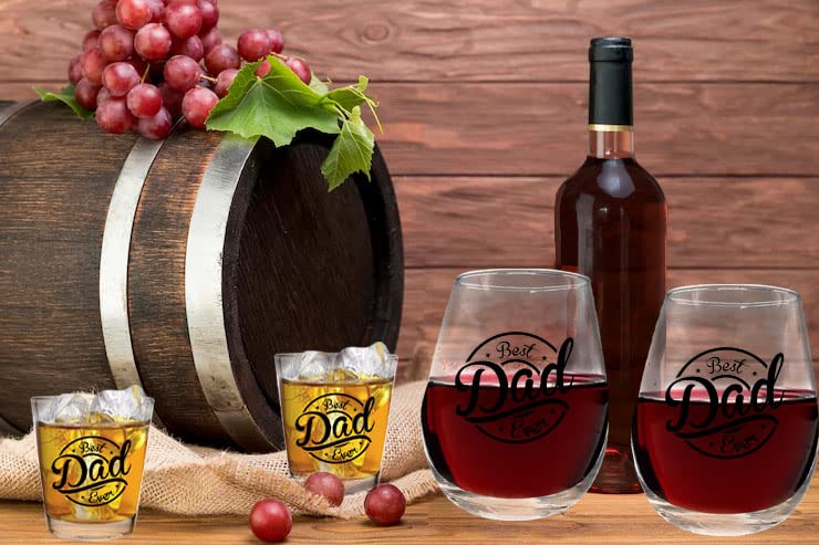 BISYATA Best Dad - Wine Glasses & Shot Glasses Gift Set - Best Dad Ever - Unique Novelty Gift for Fathers Day, Birthday. Two-11oz Wine Glasses and Two-2oz Shot Glasses - With Gift Box