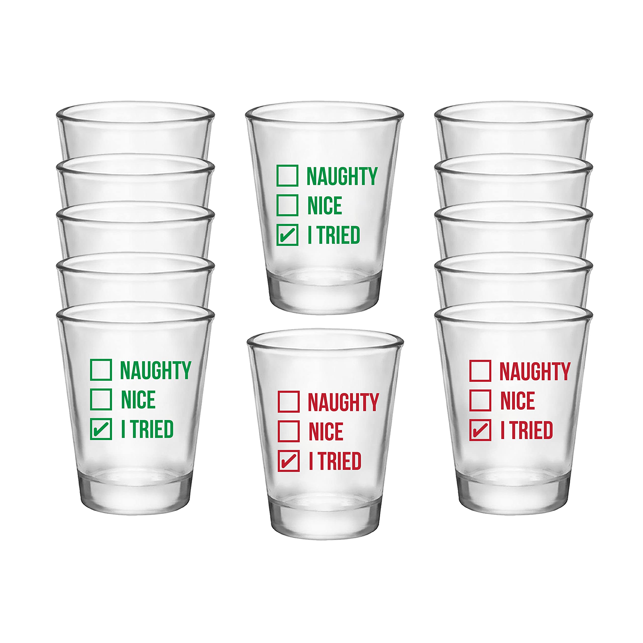 Naughty, Nice, I Tried 6 Red and 6 Green Christmas Shot Glasses - Set of 12 Glass Party Shot Cups with Double-Sided Prints - Holiday Cocktail Glasses for Drinking Liquor, Tequila, Vodka