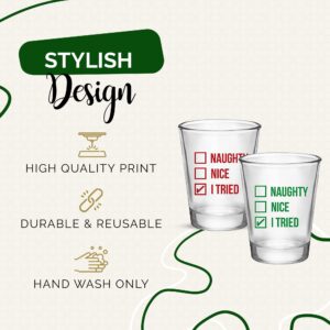 Naughty, Nice, I Tried 6 Red and 6 Green Christmas Shot Glasses - Set of 12 Glass Party Shot Cups with Double-Sided Prints - Holiday Cocktail Glasses for Drinking Liquor, Tequila, Vodka