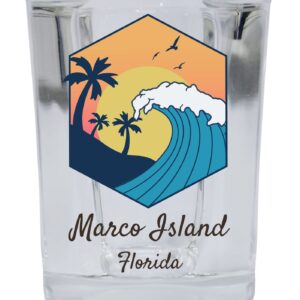 R and R Imports Marco Island Florida Souvenir 2 Ounce Square Base Shot Glass Wave Design Single