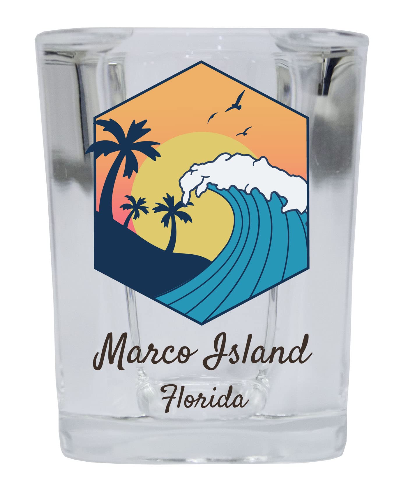 R and R Imports Marco Island Florida Souvenir 2 Ounce Square Base Shot Glass Wave Design Single