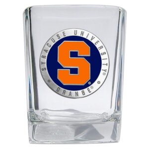 heritage pewter syracuse square shot glass | hand-sculpted 1.5 ounce shot glass | intricately crafted metal pewter alma mater inlay