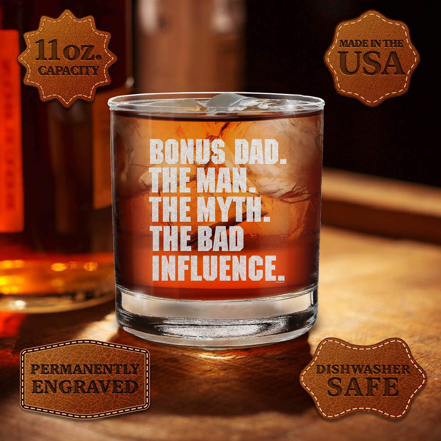 shop4ever Stepdad The Man The Myth The Bad Influence Engraved Whiskey Glass, Father's Day Gift 11 oz.