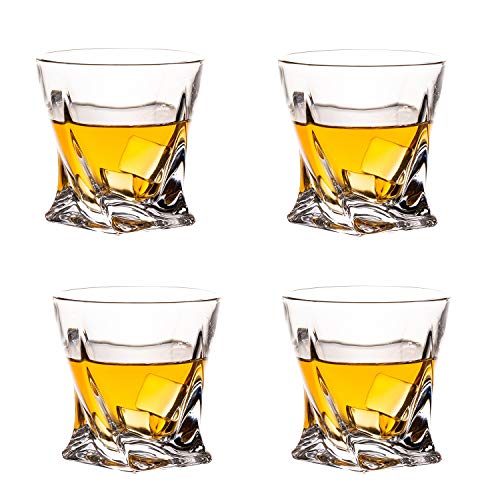 Fermus Crystal Whiskey Glasses - Twist Design Tumbler- Set of 4 - Each 10 oz Rocks Thickness Glassware, Ideal Gift for Scotch, Cognac, Bourbon or Classic Old Fashioned Cocktails Drinkers