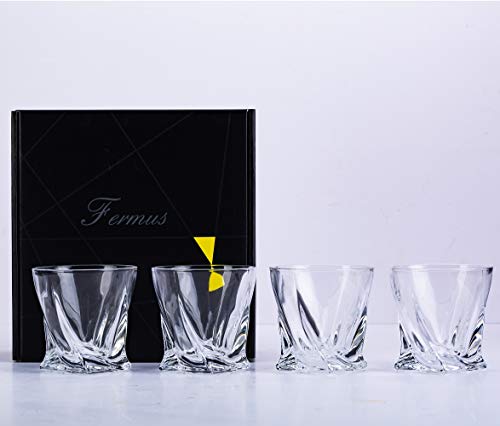 Fermus Crystal Whiskey Glasses - Twist Design Tumbler- Set of 4 - Each 10 oz Rocks Thickness Glassware, Ideal Gift for Scotch, Cognac, Bourbon or Classic Old Fashioned Cocktails Drinkers