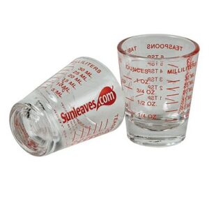 1 x mini measure Â mini measuring shot glass measures 1oz, 6 tsp, 2 tbs, 30ml