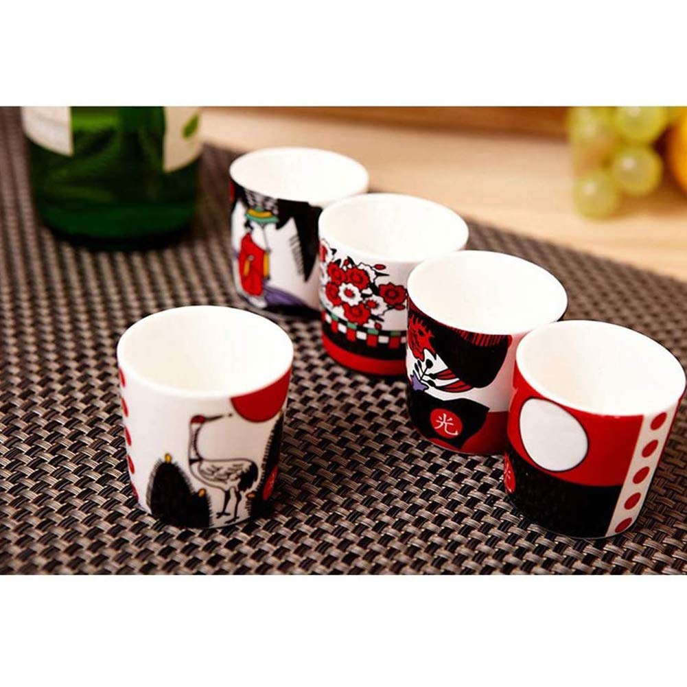 PARTY CRAFTZ 2oz Korea Ceramic Soju Whiskey Shot Glass Set of 5 With Hwatu,Ogwang Korean Traditional Flower Card Game Pattern Print (Soju Shot Set of 5 Wtih HWA-tu,Korean Flower Card Game 1 Set)