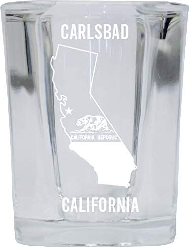 R and R Imports Carlsbad California Laser Etched Souvenir 2 Ounce Square Shot Glass State Flag Design