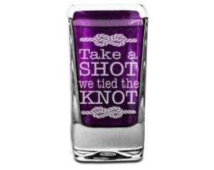 take a shot we tied the knot engraved personalized front back wedding party reception favors just married for bride groom engraved groomsmen gift